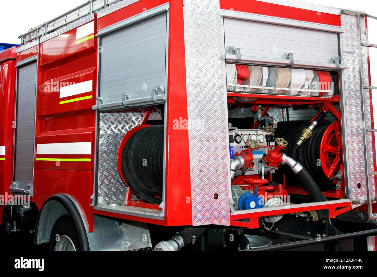 Water and foam pump engine in fire truck Stock Photo - Alamy