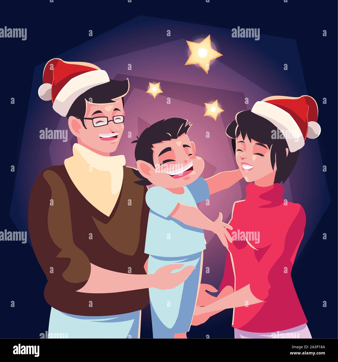 family christmas evening scene, parents and children vector ...