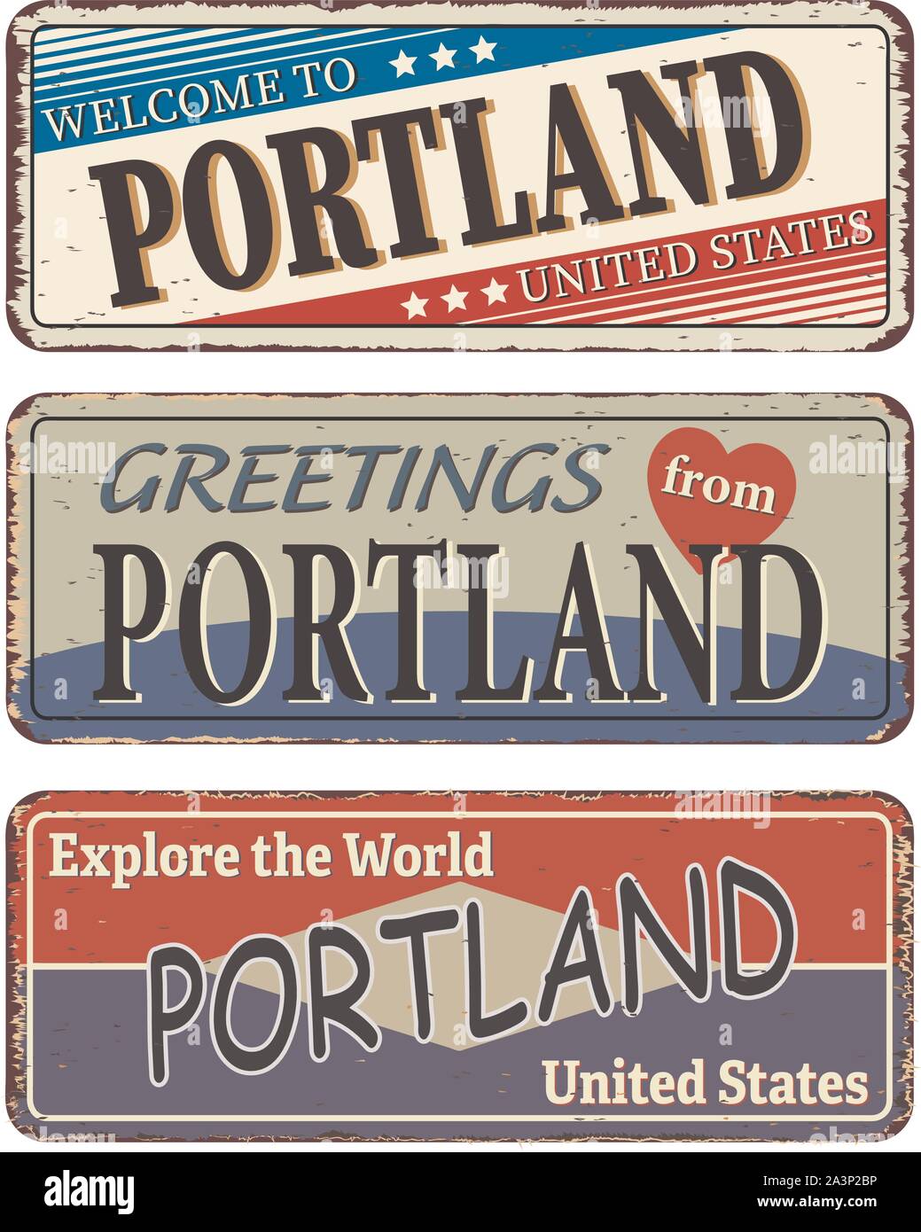 Vintage tin sign set Portland. Retro souvenirs or old postcard ...