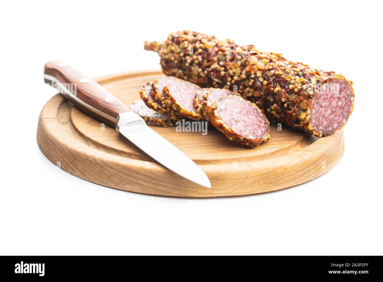 Spicy salami sausage and knife isolated on white background Stock Photo ...
