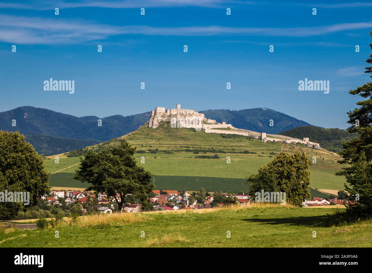 Landscape with old white stone castle on the hill in Slovakia Stock ...