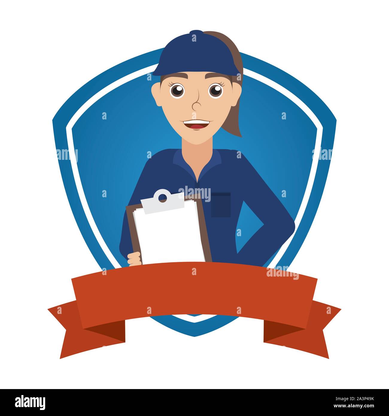 female young mechanic worker with checklist in shield frame Stock ...