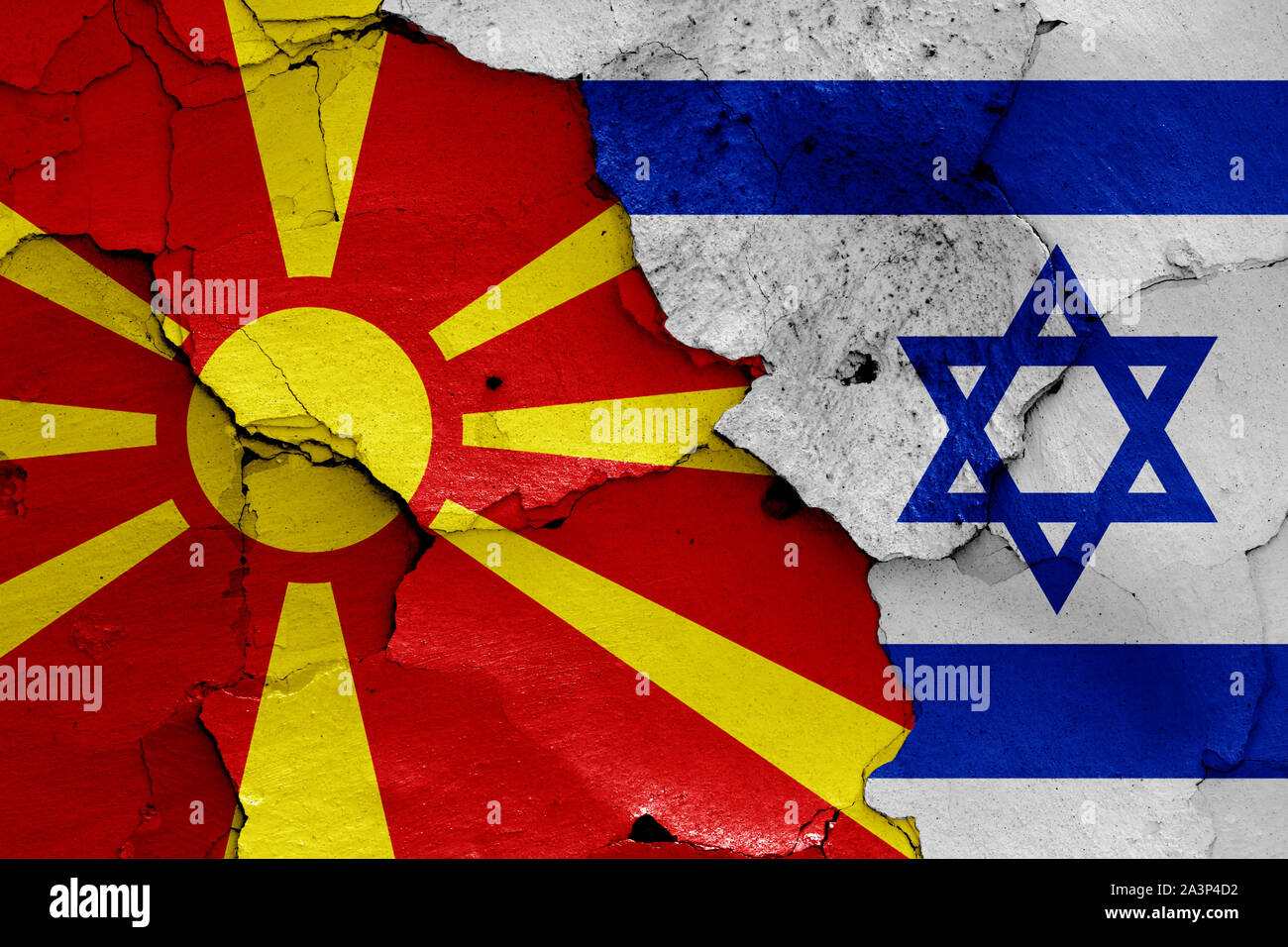flags of North Macedonia and Israel painted on cracked wall Stock Photo ...