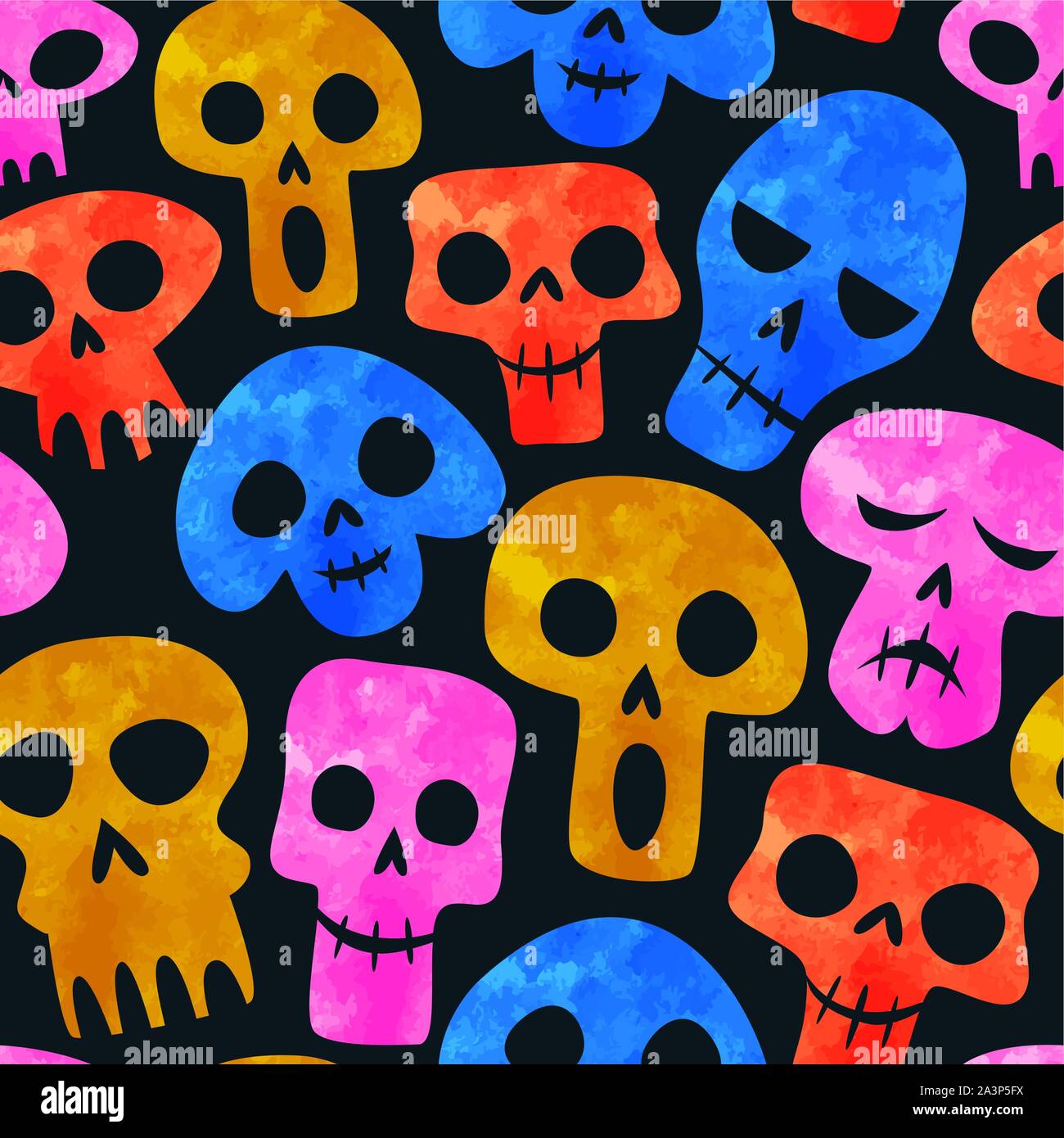 Colorful watercolor skull seamless pattern, funny emoticon face ...