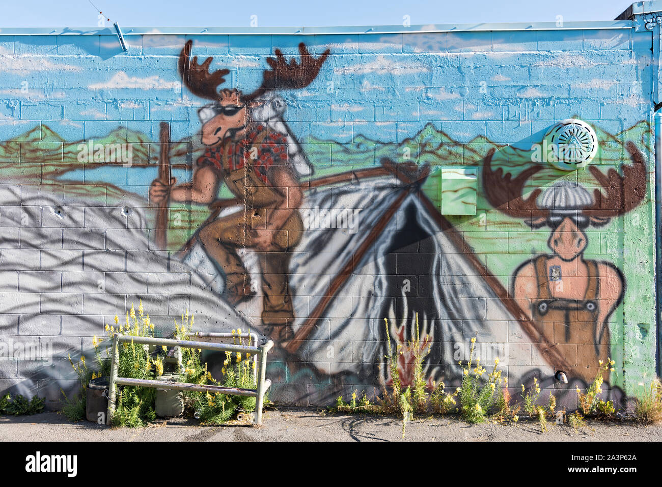 A painted wall mural of moose in downtown Anchorage, Alaska Stock Photo ...