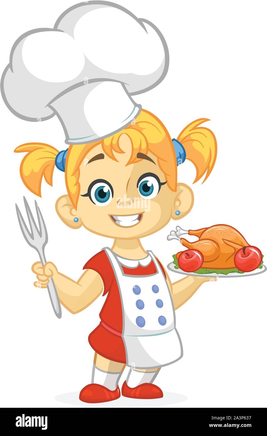 Cartoon girl serving roasted thanksgiving turkey dish. Thanksgiving ...