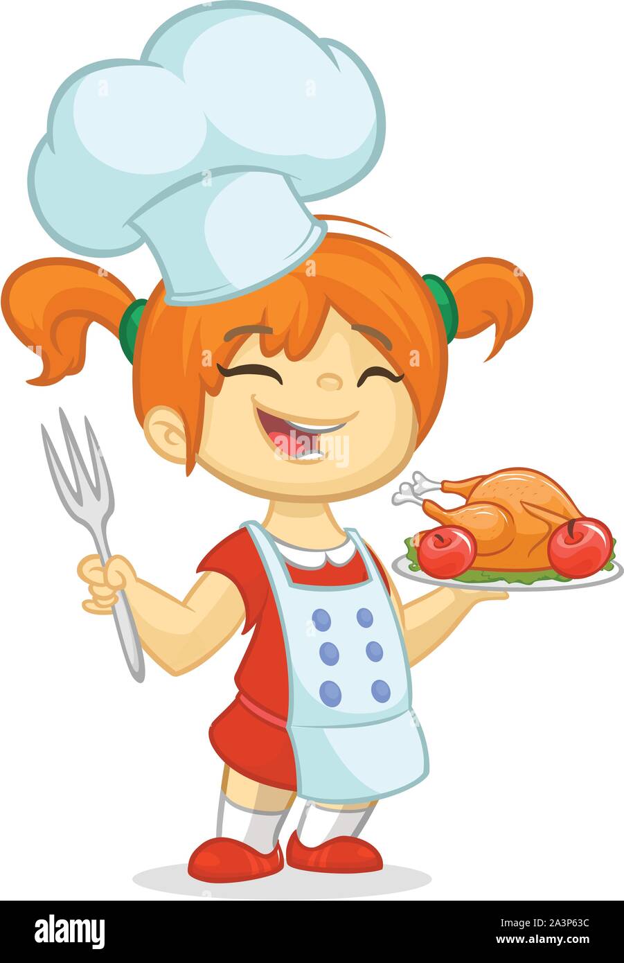 Cartoon girl serving roasted thanksgiving turkey dish. Thanksgiving ...