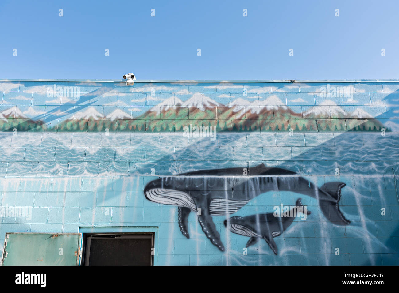 A painted wall mural of whales in downtown Anchorage, Alaska Stock ...