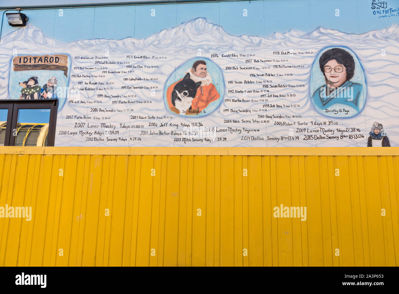 A painted wall mural of the famous Iditarod Trail Sled Dog Race in ...