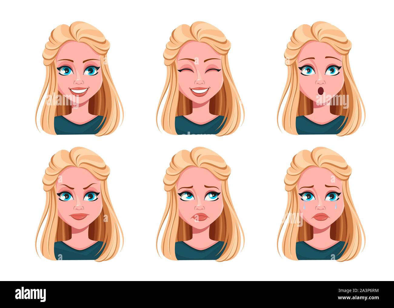 Face expressions of beautiful woman. Different female emotions set ...