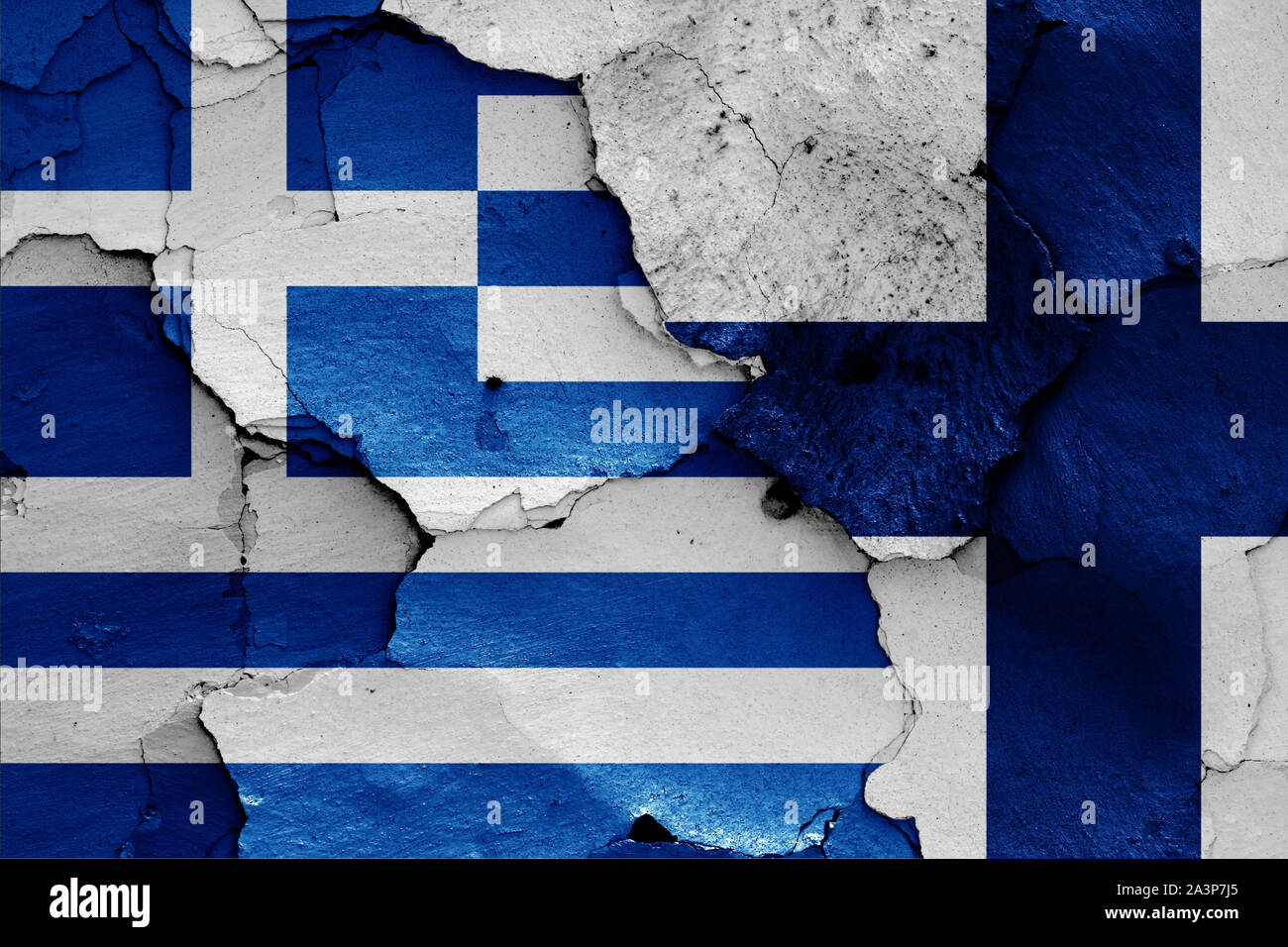 flags of Greece and Finland painted on cracked wall Stock Photo - Alamy