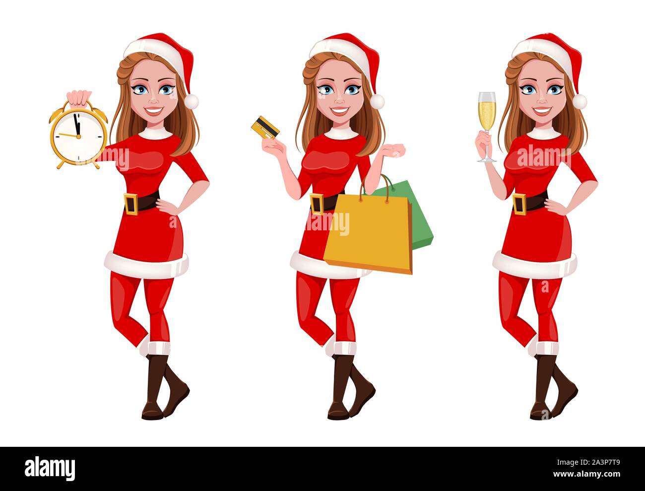 Merry Christmas. Beautiful woman in Santa Claus costume. Cute cartoon ...