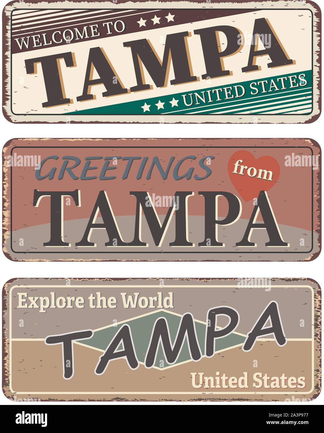 Vintage tin sign set Tampa. Retro souvenirs or old postcard templates ...