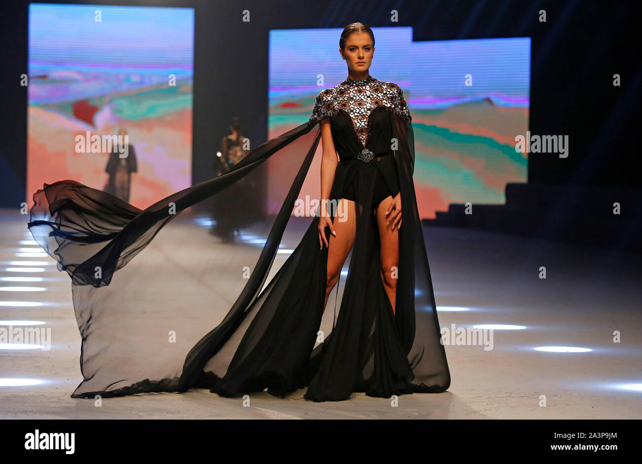Beirut, Lebanon. 9th Oct, 2019. A model presents a creation from ...