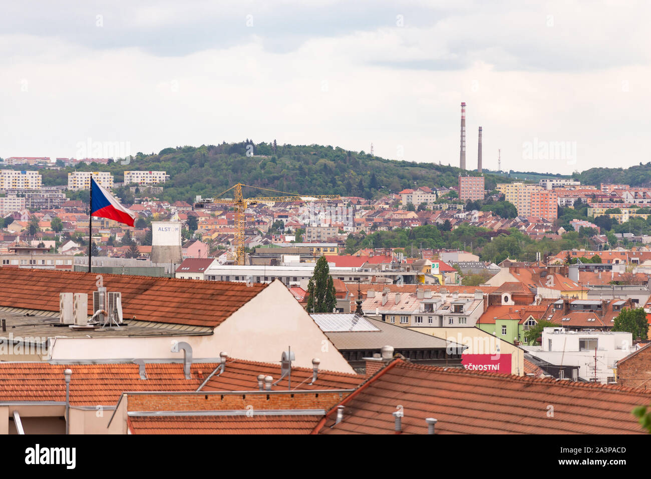 Brno. Czechia. May 2019. Panorama of Brno. City roofs and Czech flag ...