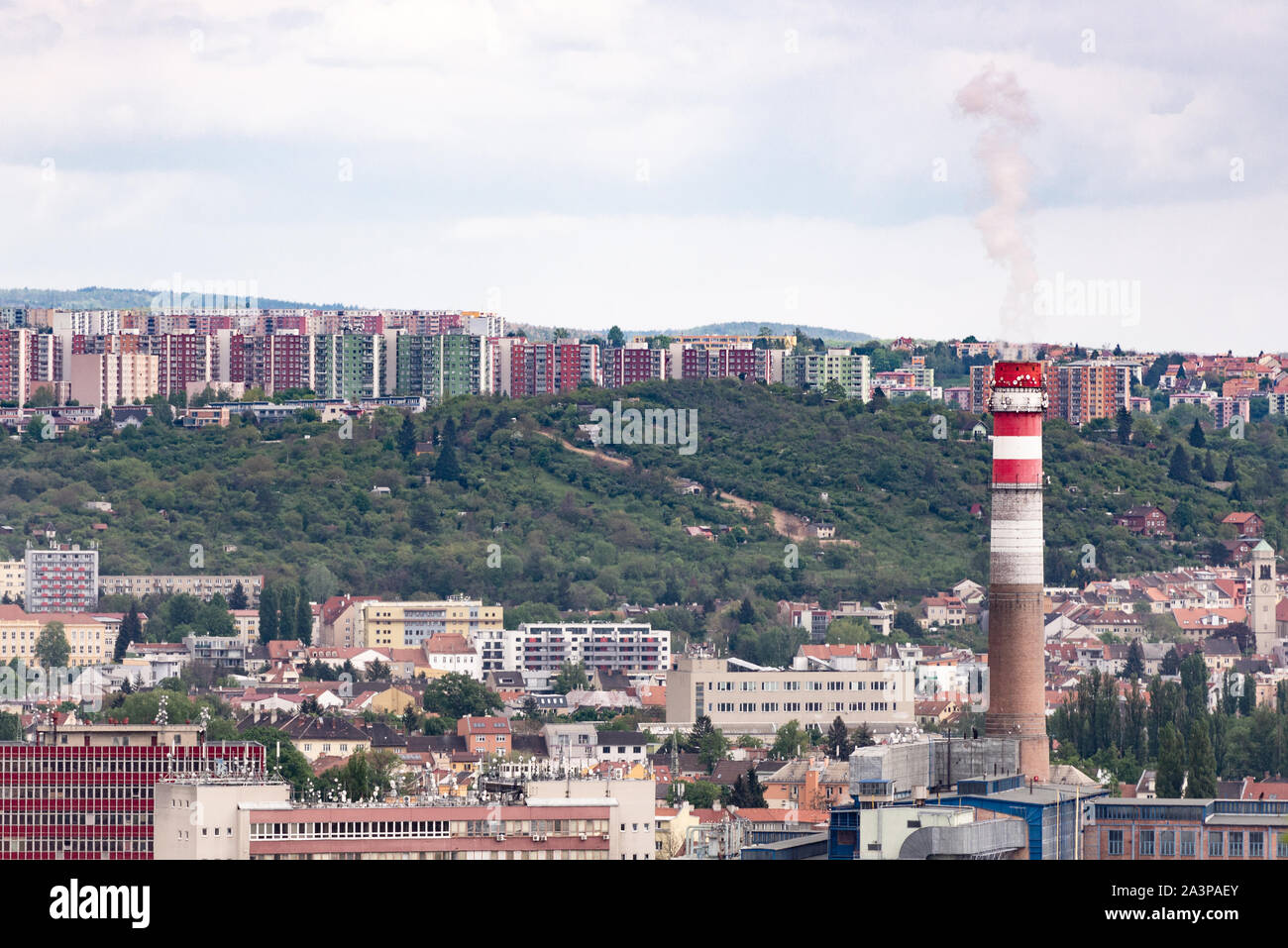 Panorama of Brno. Multi-storey areas and a huge pipe CHP. Soviet houses ...