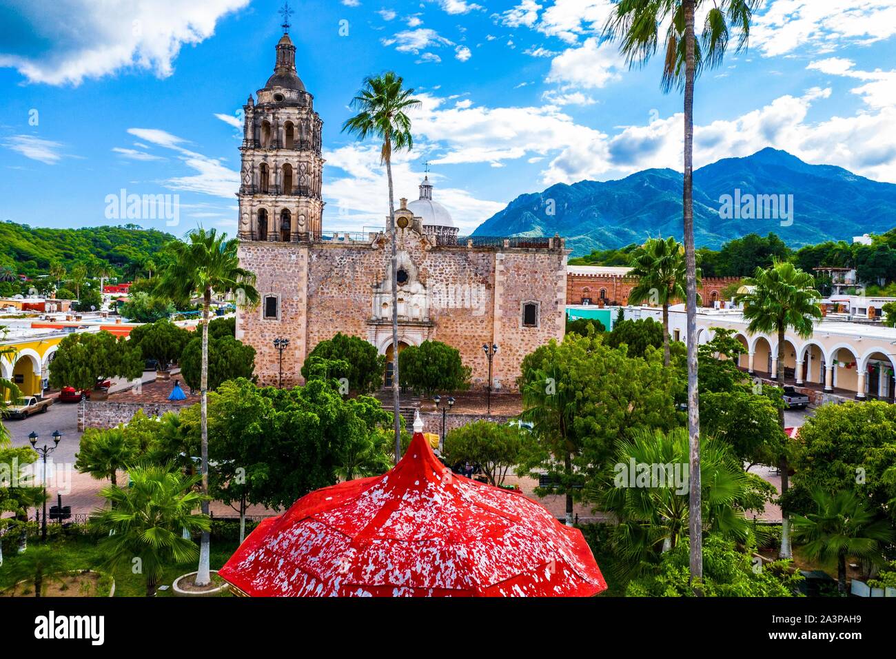 Alamos Sonora Mexico, aerial view of the Magical Town and Church of the ...