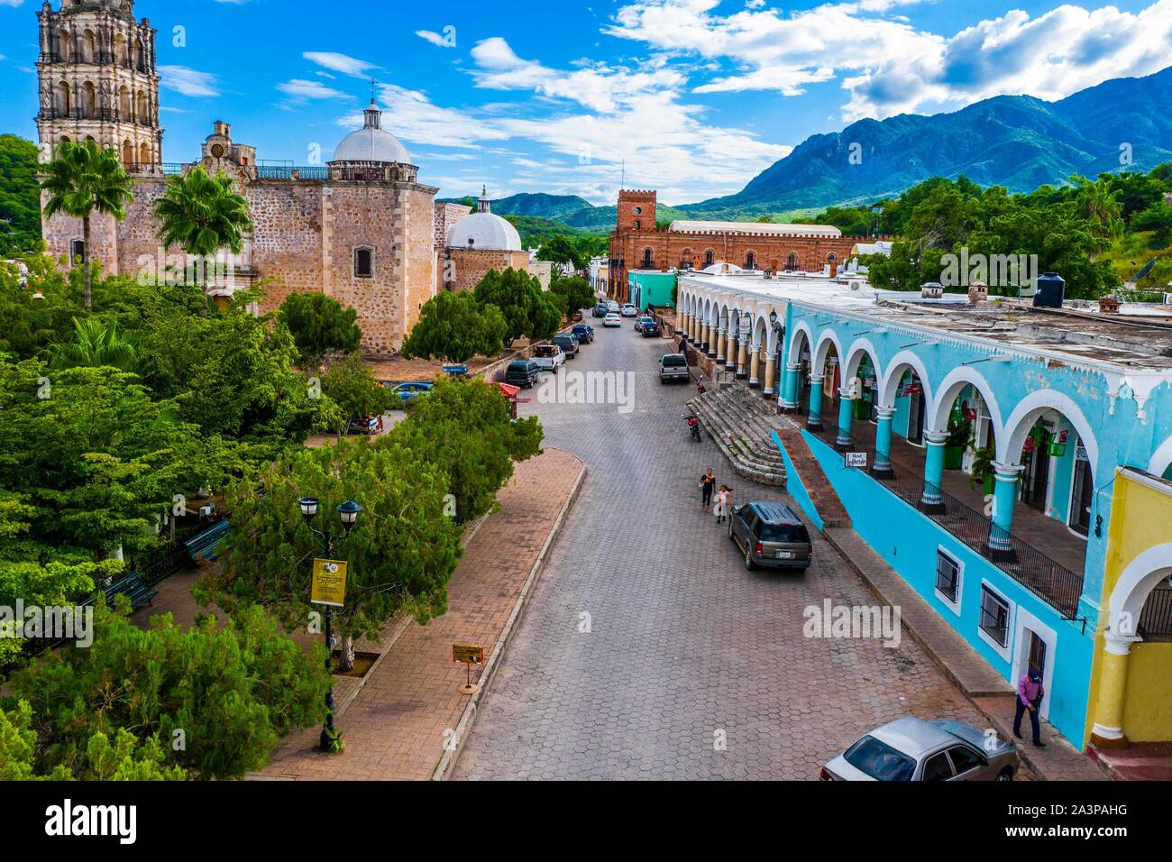Alamos Sonora Mexico, aerial view of the Magical Town and Church of the ...