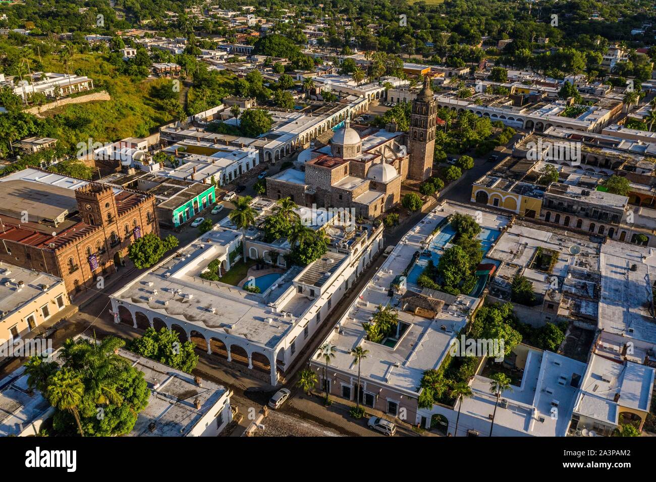 Alamos Sonora Mexico, aerial view of the Magical Town and Church of the ...