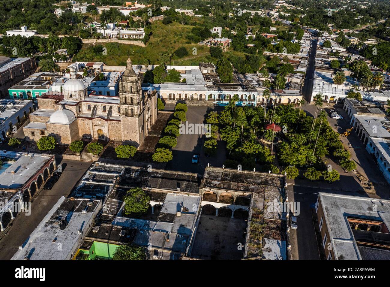 Alamos Sonora Mexico, aerial view of the Magical Town and Church of the ...