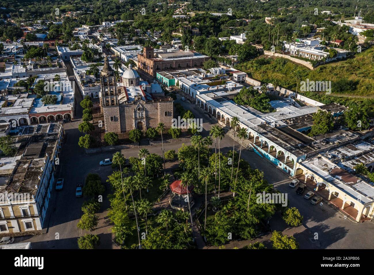 Alamos Sonora Mexico, aerial view of the Magical Town and Church of the ...