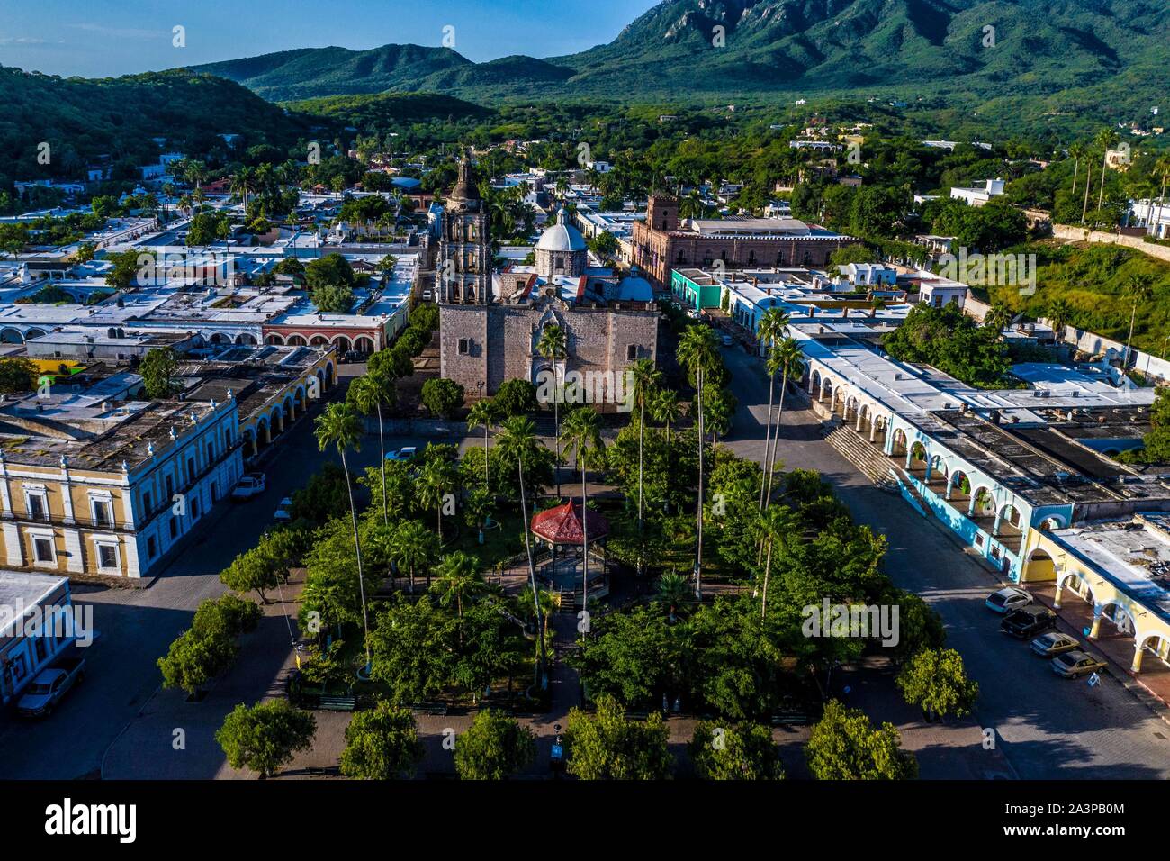 Alamos Sonora Mexico, aerial view of the Magical Town and Church of the ...