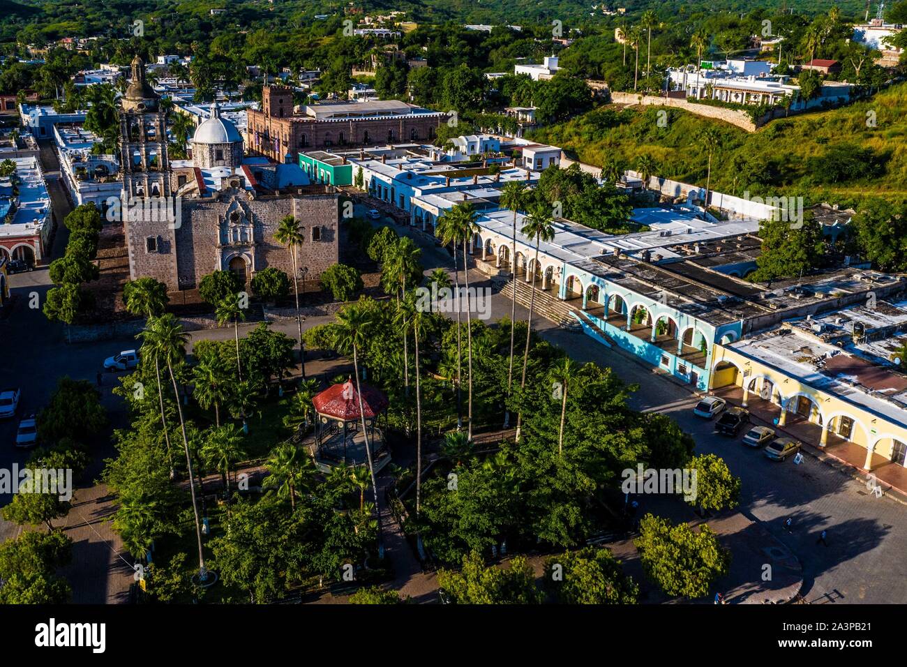 Alamos Sonora Mexico, aerial view of the Magical Town and Church of the ...