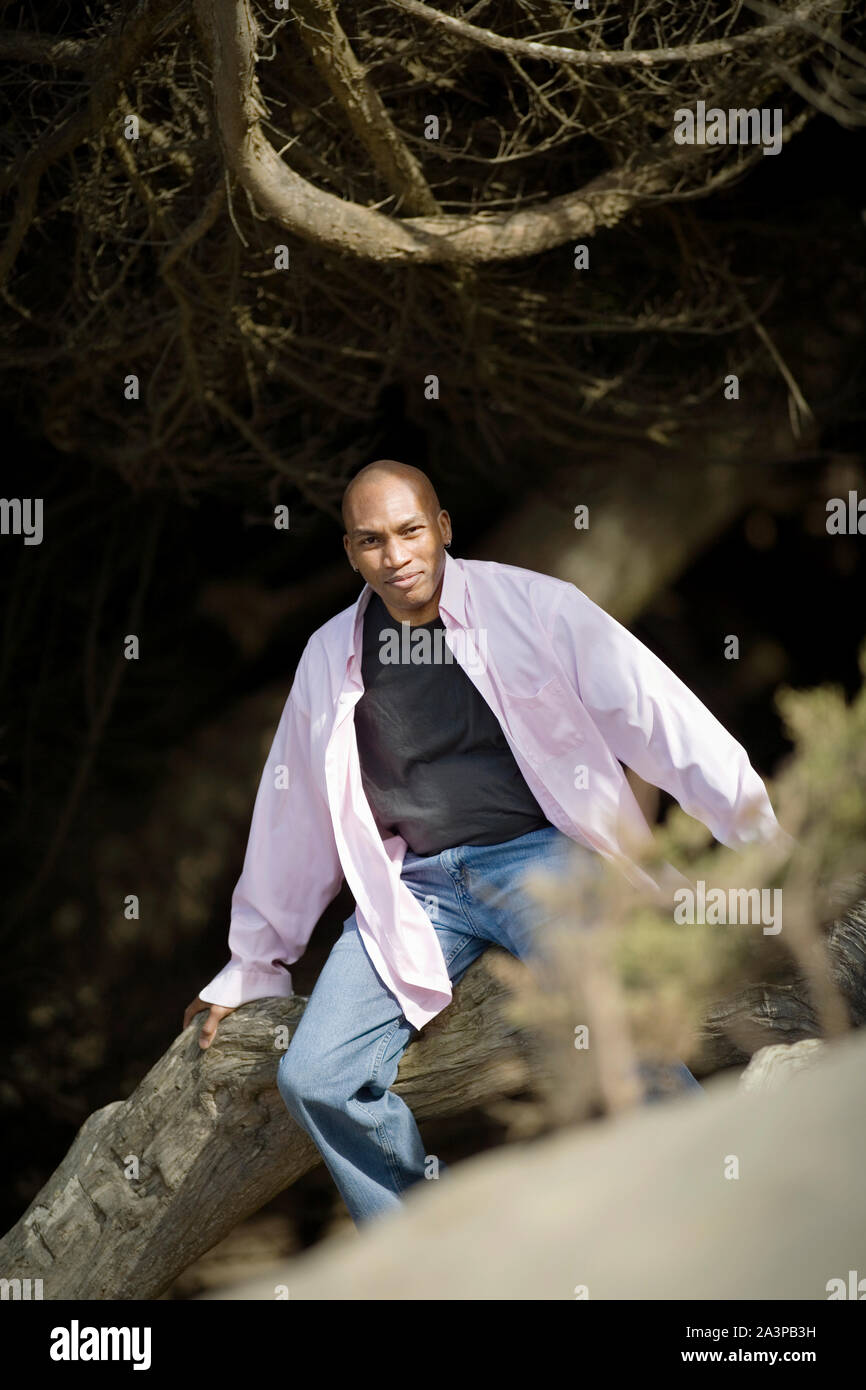 Portrait of a mid-adult man sitting on a tree branch Stock Photo - Alamy