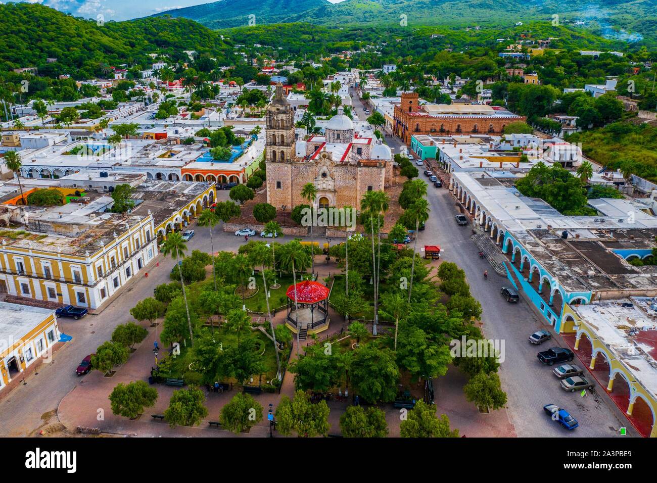 Alamos Sonora Mexico, aerial view of the Magical Town and Church of the ...