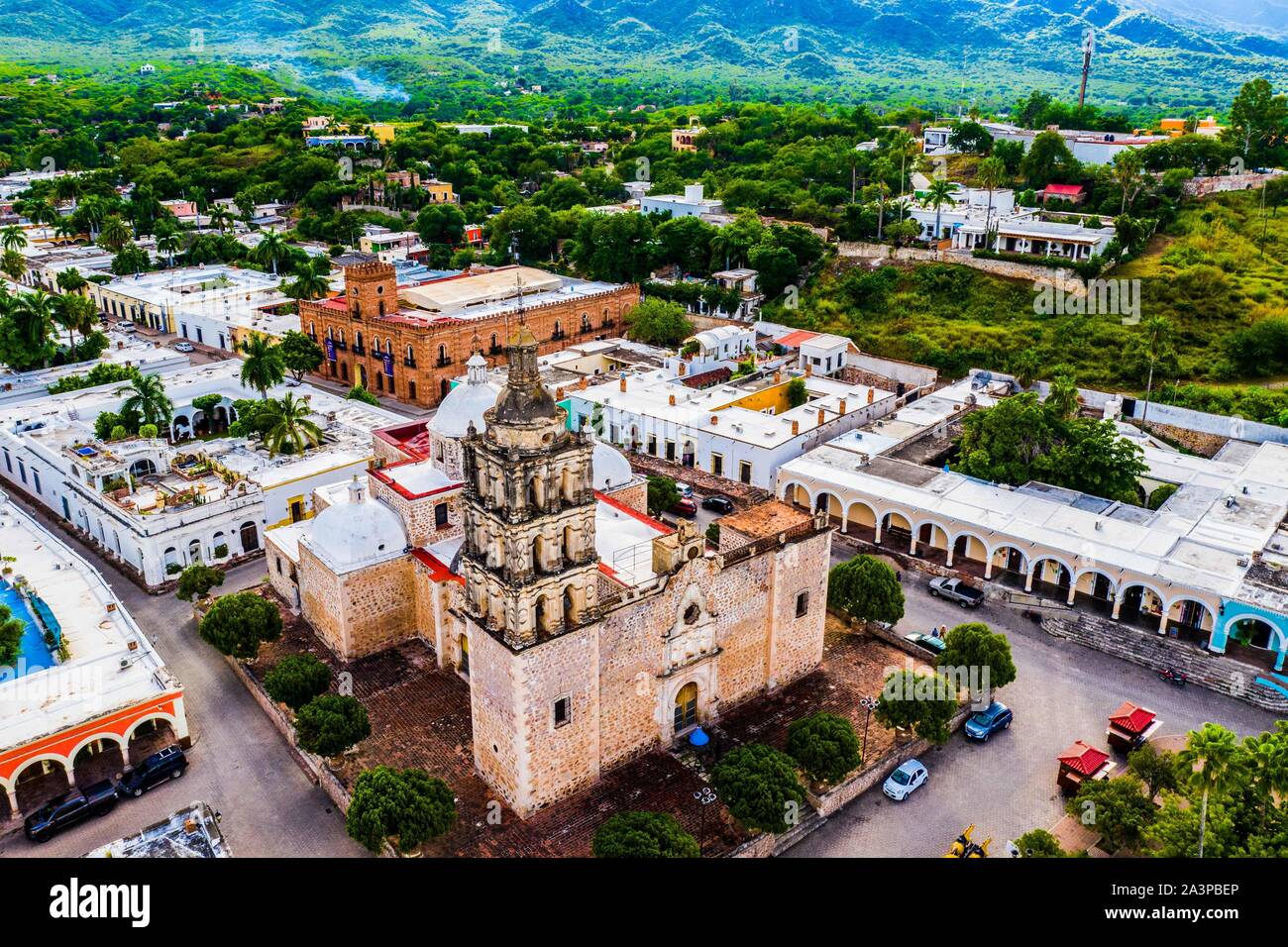 Alamos Sonora Mexico, aerial view of the Magical Town and Church of the ...