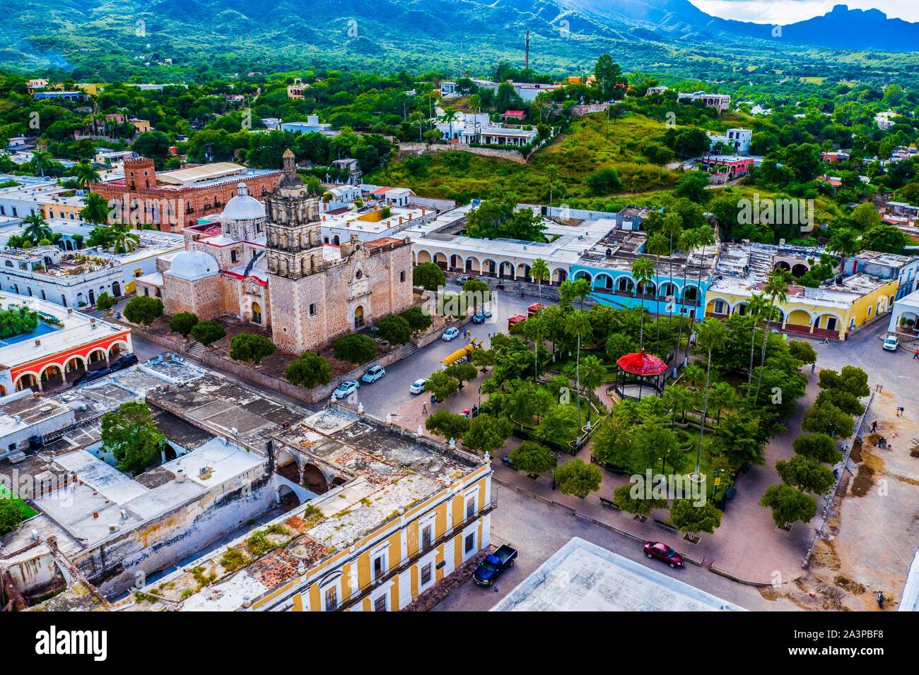 Alamos Sonora Mexico, aerial view of the Magical Town and Church of the ...