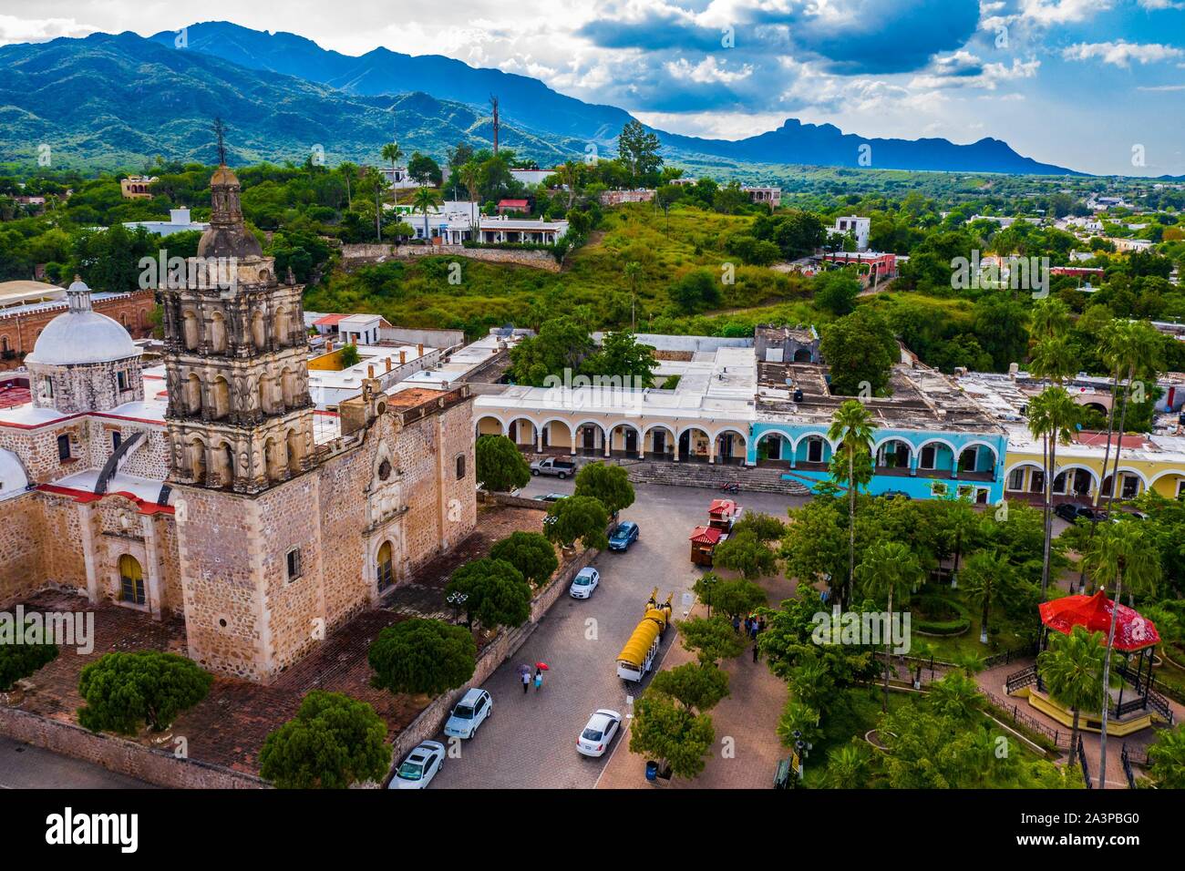 Alamos Sonora Mexico, aerial view of the Magical Town and Church of the ...