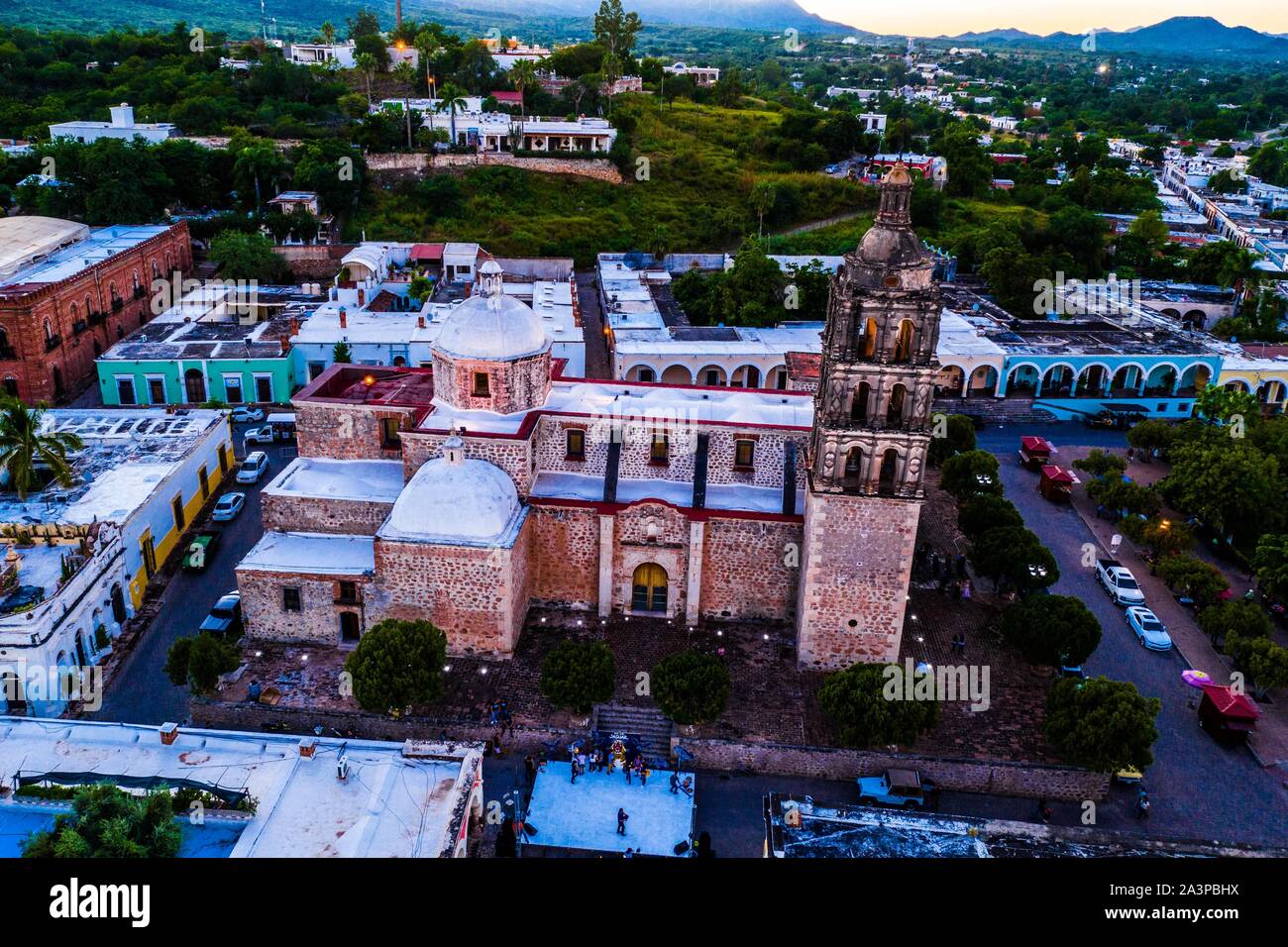 Alamos Sonora Mexico, aerial view of the Magical Town and Church of the ...