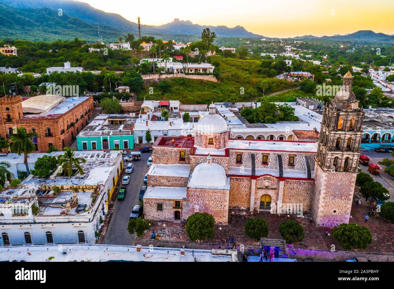 Alamos Sonora Mexico, aerial view of the Magical Town and Church of the ...