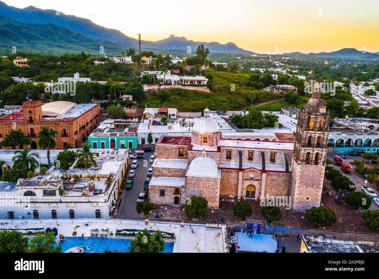 Alamos Sonora Mexico, aerial view of the Magical Town and Church of the ...