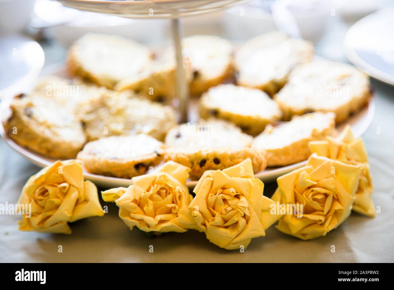 Multi tier platter of scones set out ready for a sophisticated party ...