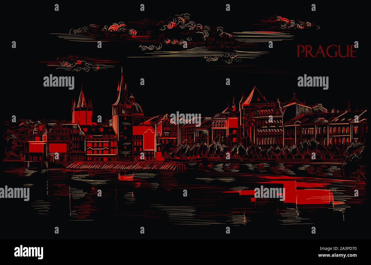 Vector hand drawing Illustration of Prague old city panorama, river ...