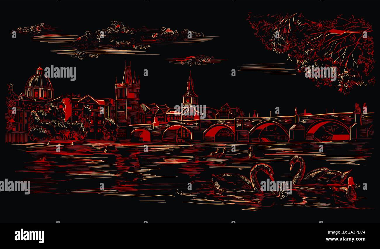Vector hand drawing Illustration Cityscape of Charles Bridge and swans ...