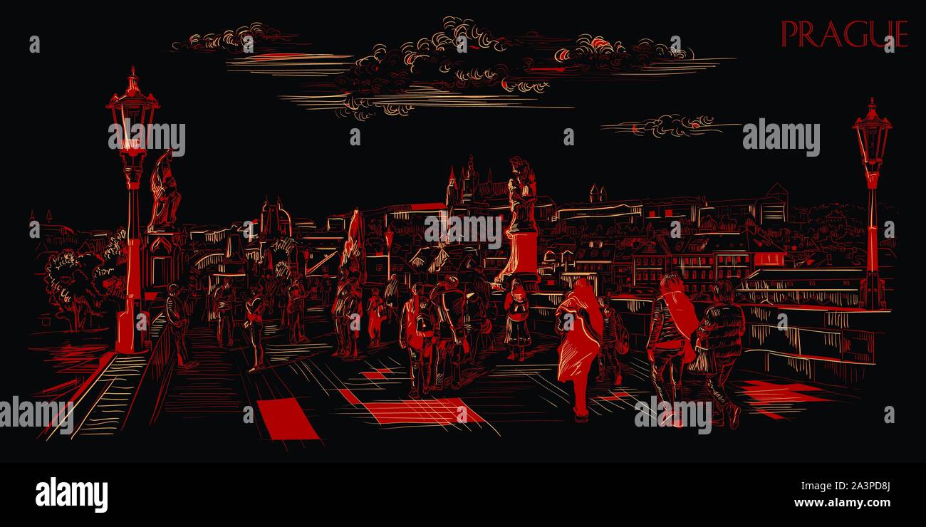 Vector hand drawing Illustration of Charles Bridge and panorama of ...