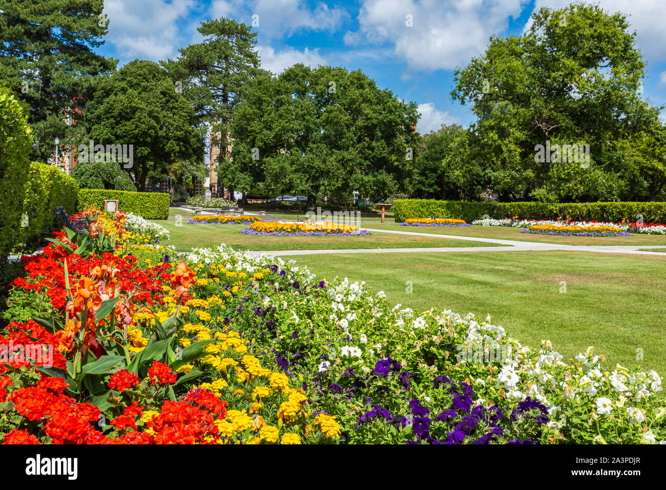 Colour landscape photograph of colourful flower displays installed ...