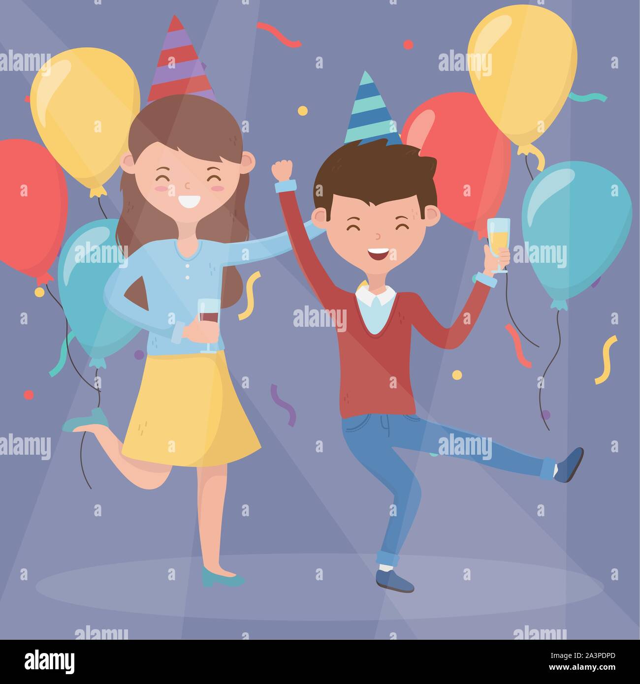 happy couple drinking and dancing celebration party vector illustration ...