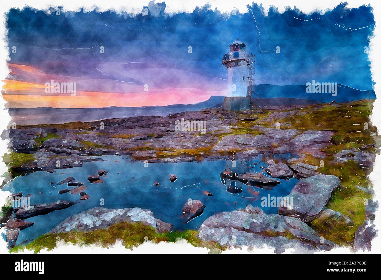 Water colour painting of a beautiful sunset at the lighthouse at Rhue ...