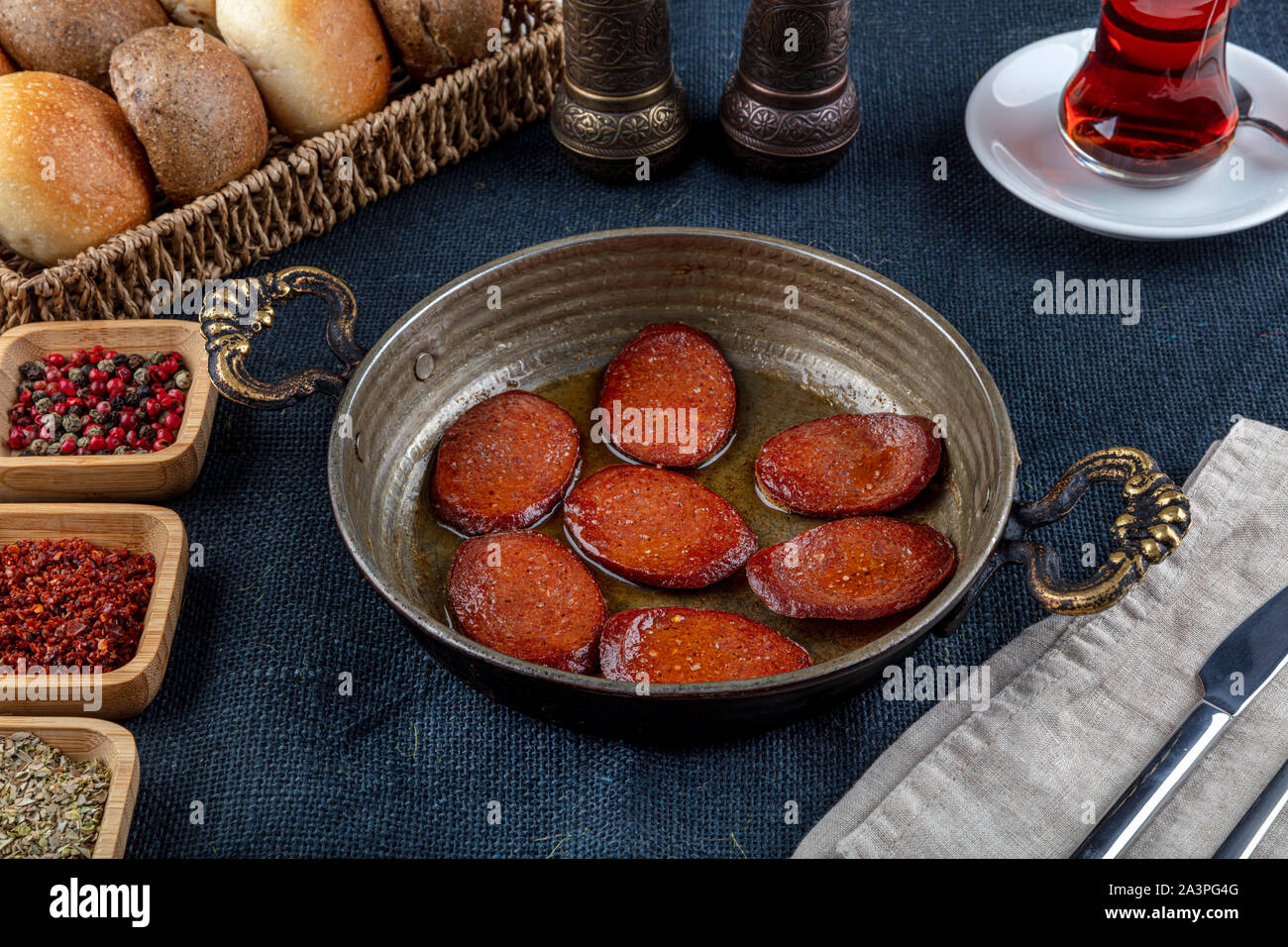 Turkish breakfast with fried turkish sucuk (fried sausage Stock Photo ...