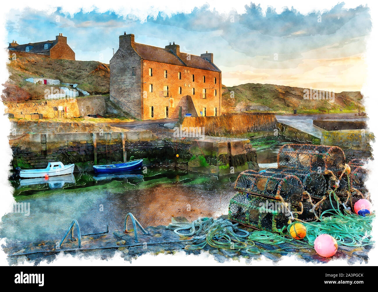 Watercolour painting of Keiss harbour on the east coast of Scotland and ...