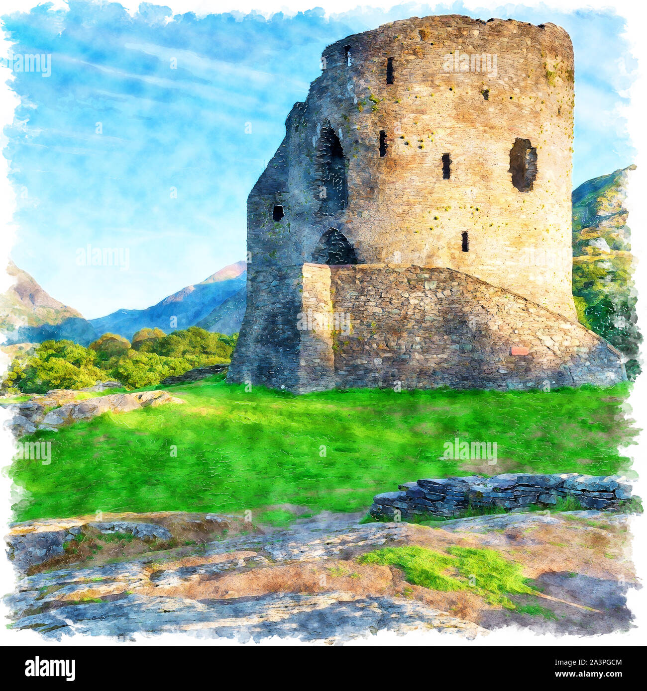Watercolor painting of the ruins of Dolbadarn Castle at Llanberis in ...