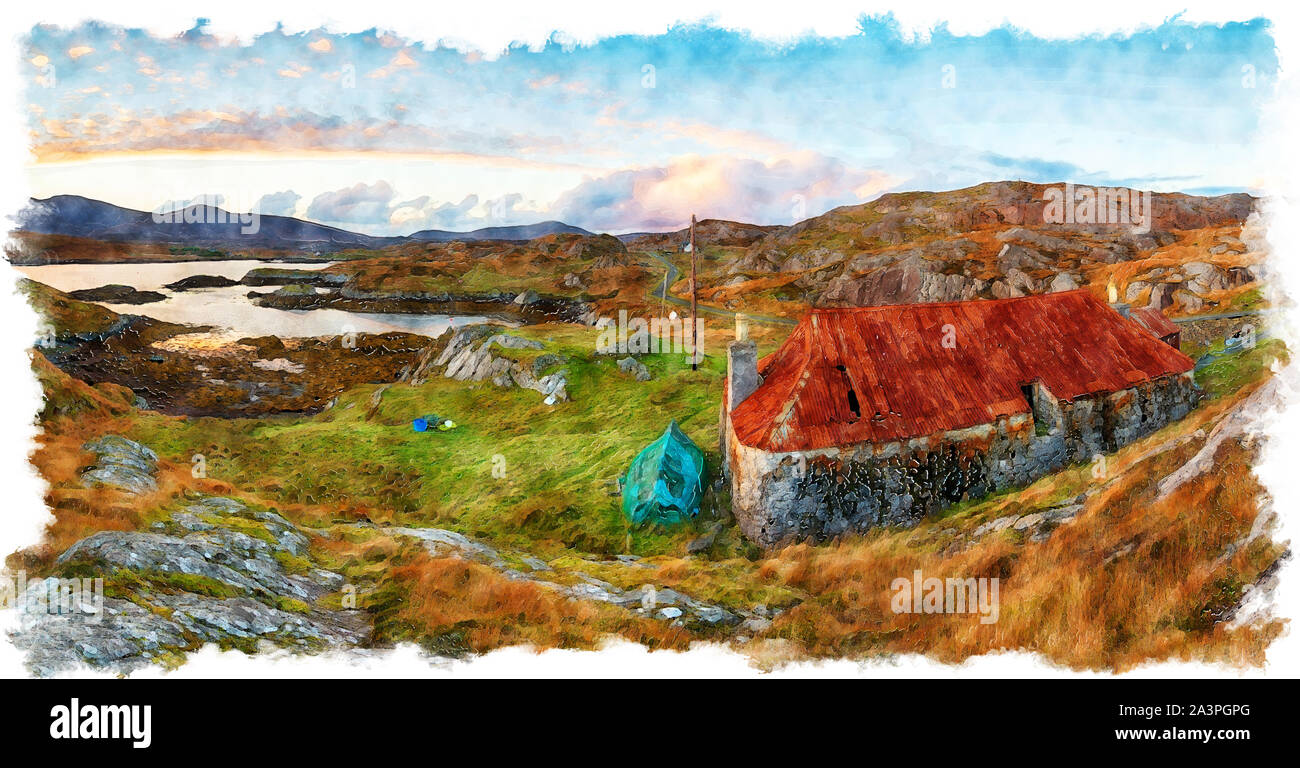 Watercolour painting of an abandoned croft at Quidnish on the Golden ...