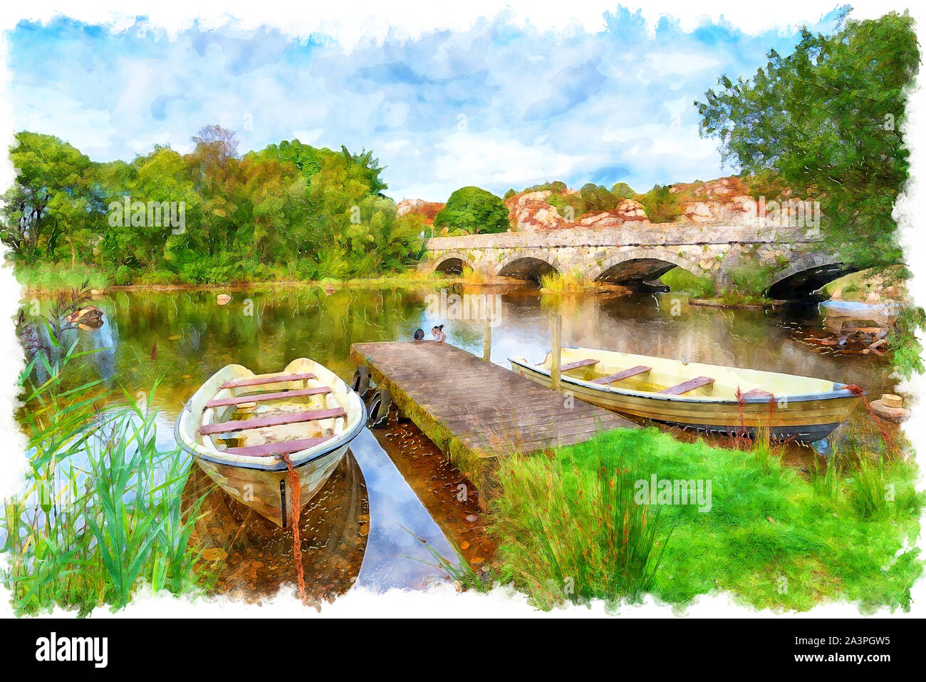 Watercolour painting of the bridge over the river Rhythallt as it flows ...