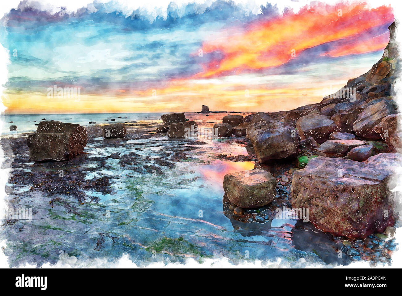 Watercolour painting of sunrise on the beach at Saltwick Bay on the ...