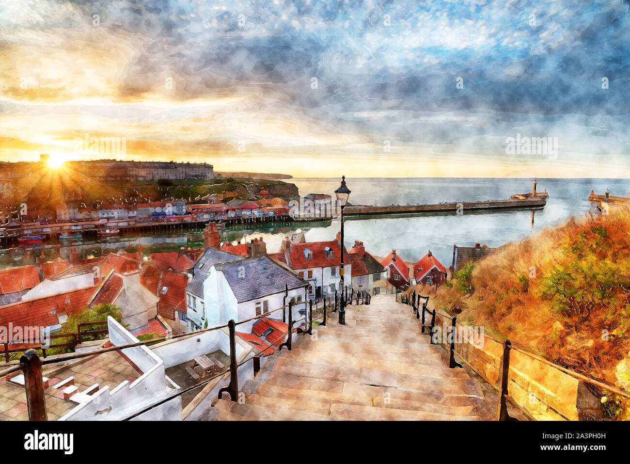 Watercolour painting of sunset over Whitby on the North Yorkshire coast ...