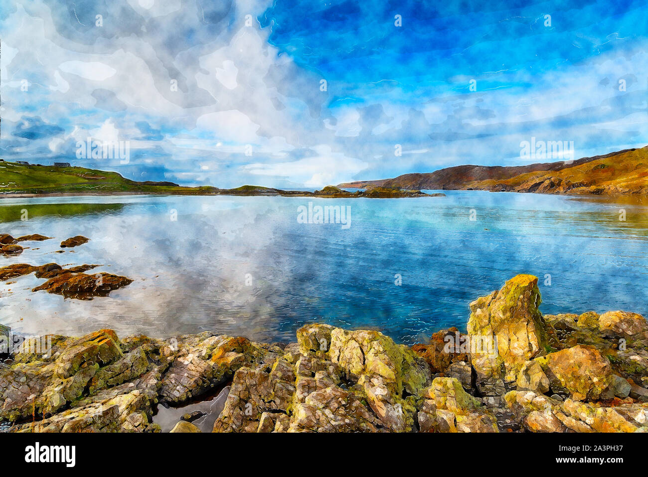 Watercolour painting of the beach at Scourie in the far north west of ...